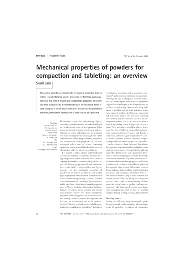 (PDF) Mechanical properties of powders for compaction and tableting: an ...