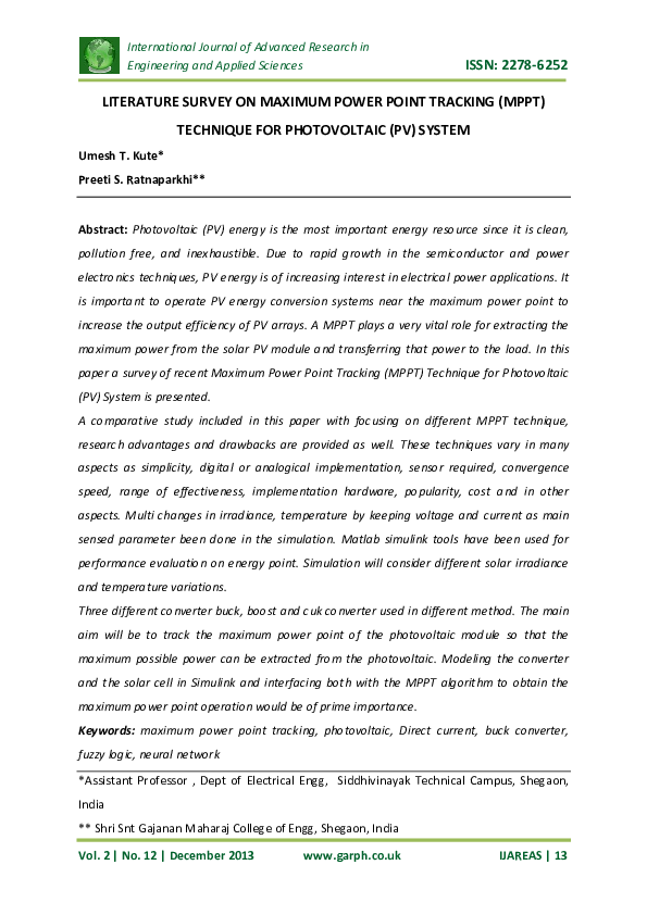(PDF) Survey on Maximum Power Point Tracking ( MPPT ) Technique for Photovoltaic ( PV ) System