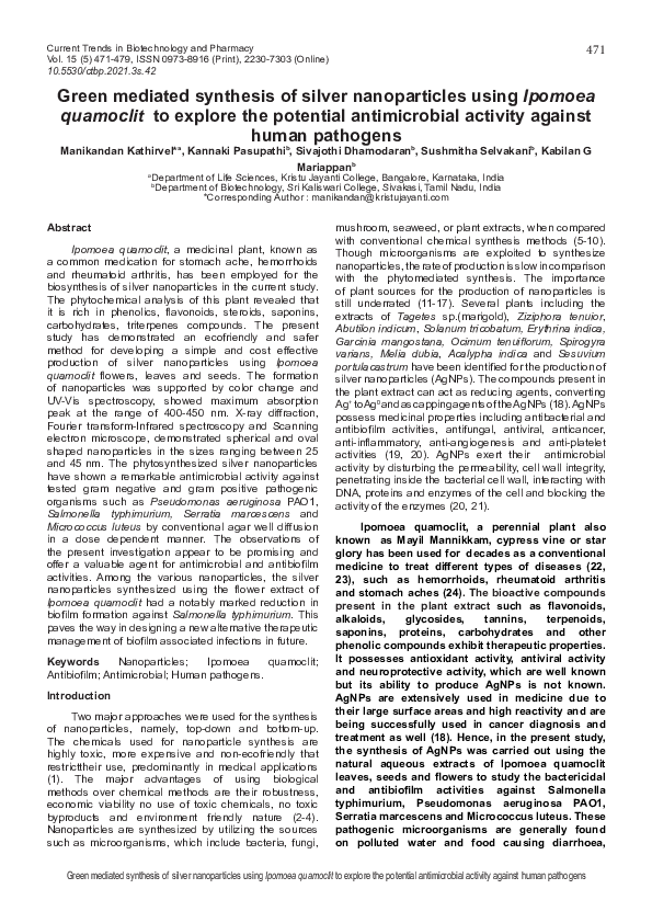 (PDF) Green mediated synthesis of silver nanoparticles using Ipomoea quamoclit to explore the ...