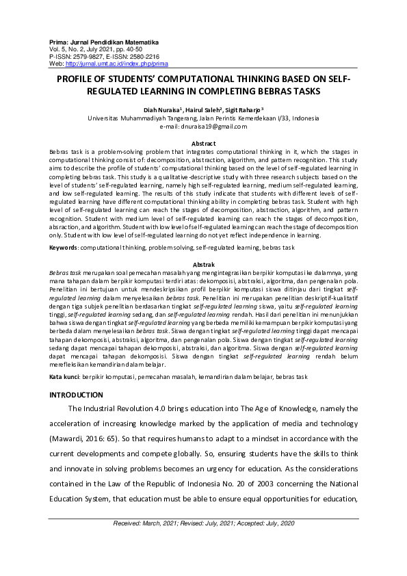 (PDF) Profile of Students’ Computational Thinking Based on Self-Regulated Learning in Completing ...