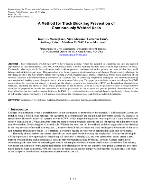 (PDF) A Method for Track Buckling Prevention of Continuously Welded Rails