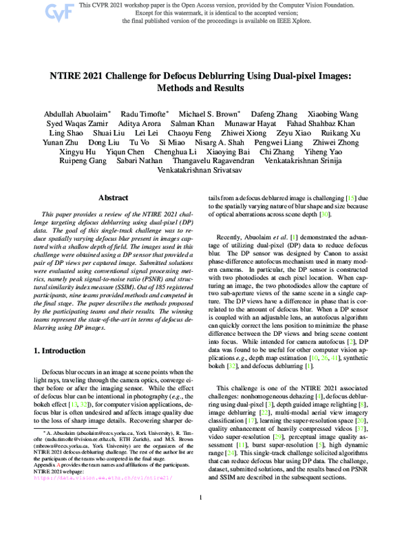 Pdf Ntire 2021 Challenge For Defocus Deblurring Using Dual Pixel