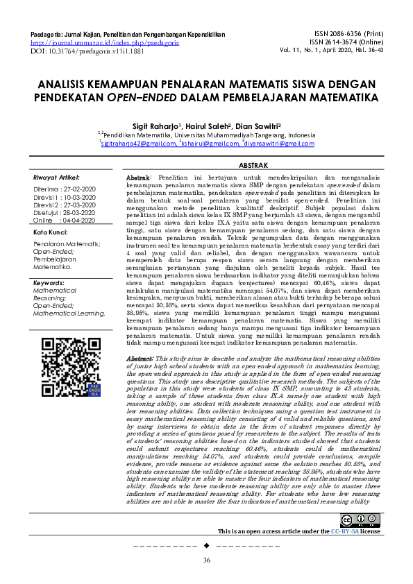 (PDF) Analisis Kemampuan Penalaran Matematis Siswa Dengan Pendekatan Open–Ended Dalam ...