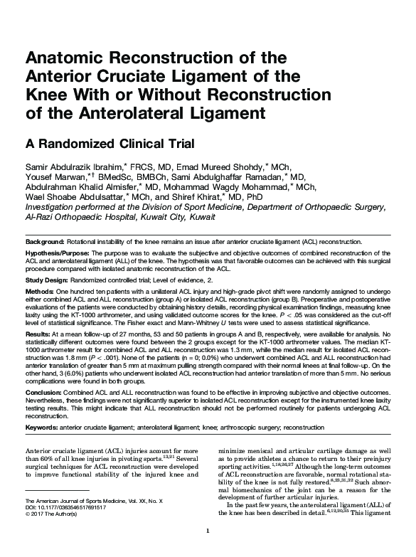 (PDF) [Anatomic reconstruction of the anterior cruciate ligament in single bundle technique]