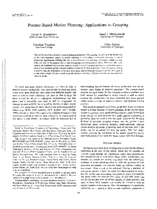 (PDF) Posture-based motion planning: Applications to grasping | Ruud ...