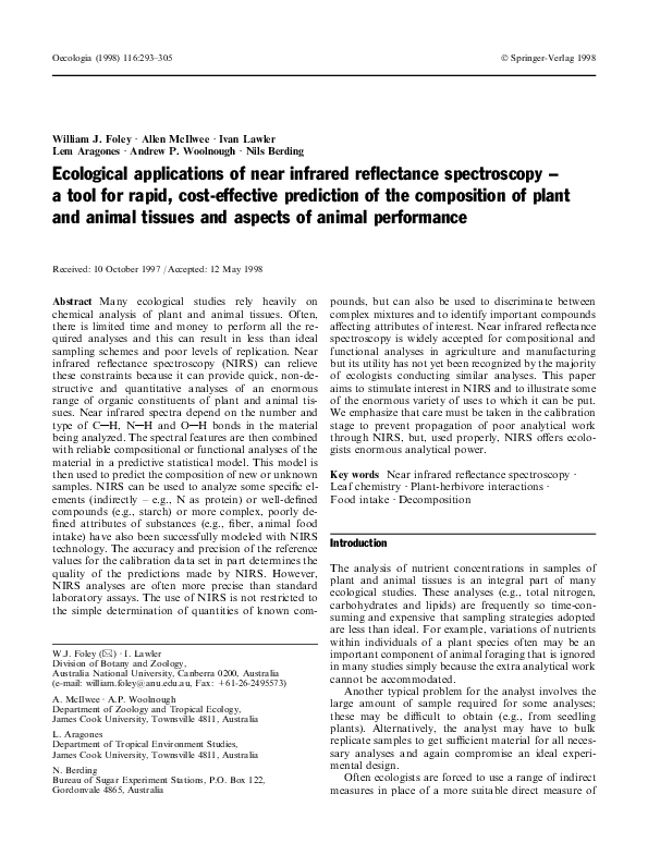 Pdf Ecological Applications Of Near Infrared Reflectance Spectroscopy A Tool For Rapid Cost