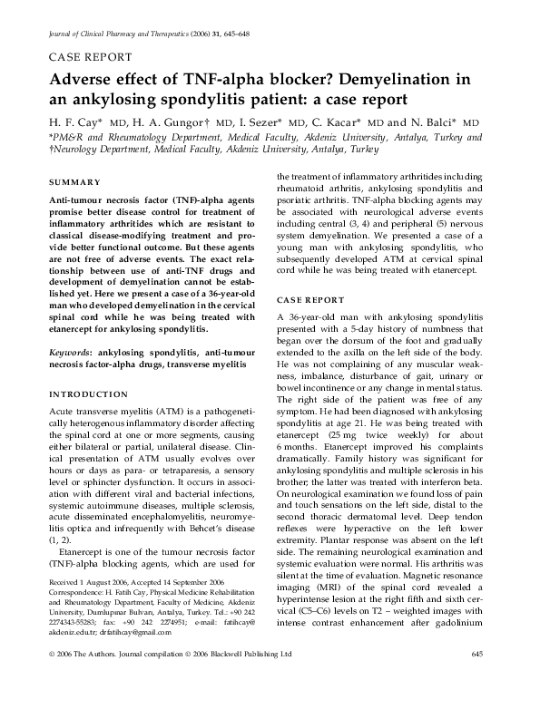 (PDF) Adverse effect of TNF-alpha blocker? Demyelination in an ...