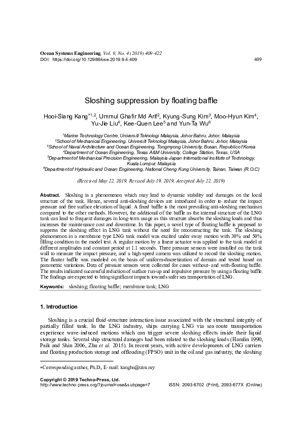 (PDF) Sloshing suppression by floating Baffle