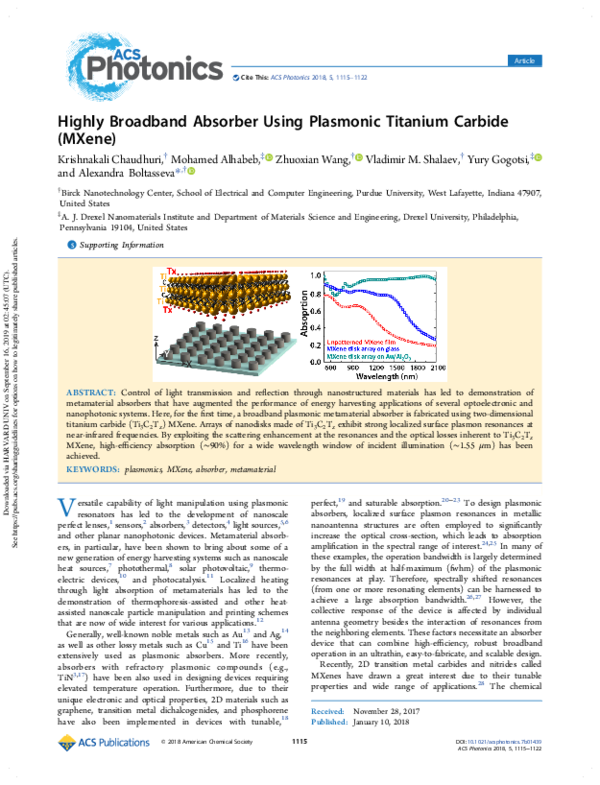 (PDF) Highly Broadband Absorber Using Plasmonic Titanium Carbide (MXene)