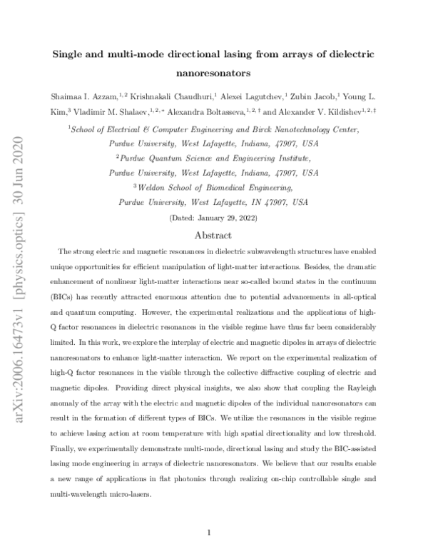 (PDF) Single and Multi‐Mode Directional Lasing from Arrays of Dielectric Nanoresonators