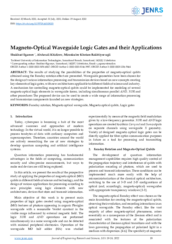 (PDF) Magneto-Optical Waveguide Logic Gates and their Applications