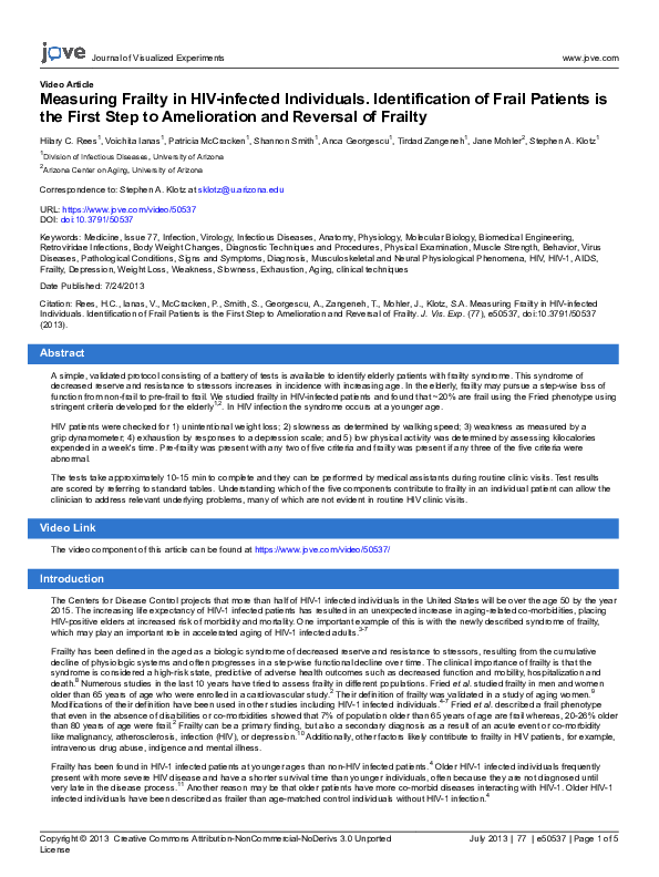 (PDF) Measuring Frailty in HIV-infected Individuals. Identification of ...