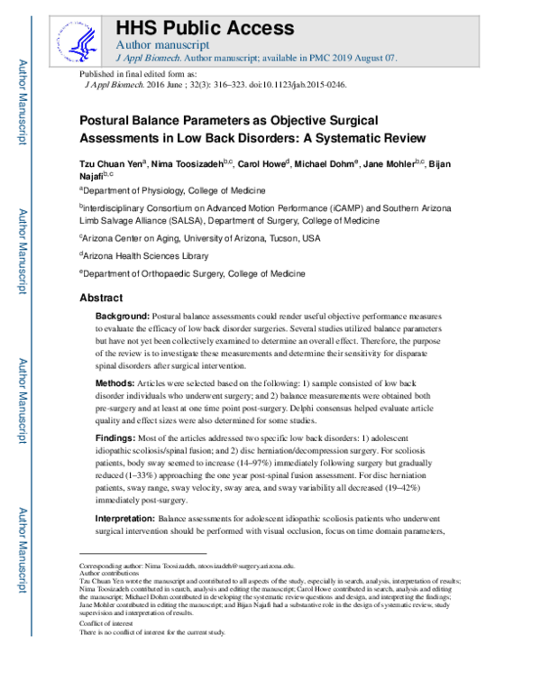 (PDF) Balance Assessments in Low Back Surgery Outcomes