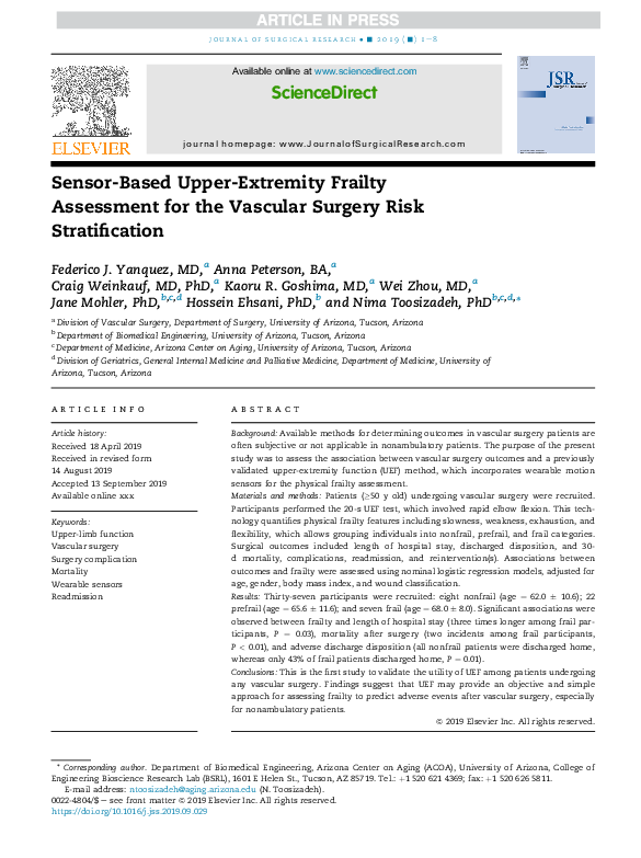 (PDF) Sensor-Based Upper-Extremity Frailty Assessment for the Vascular Surgery Risk Stratification