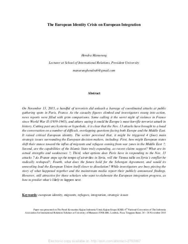 (PDF) The European Identity Crisis on European Integration