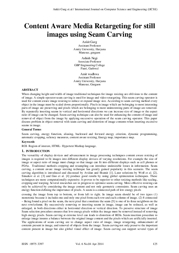 (PDF) Content Aware Media Retargeting for still images using Seam Carving