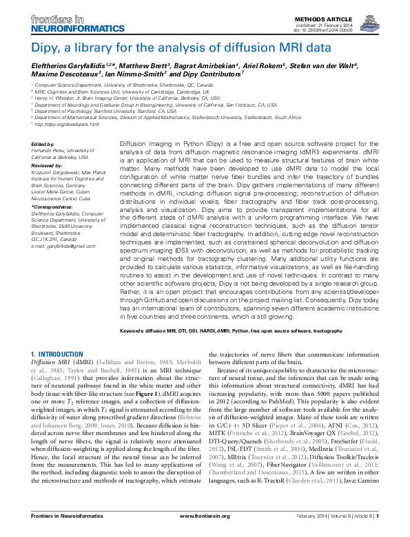 (PDF) Dipy, a library for the analysis of diffusion MRI data