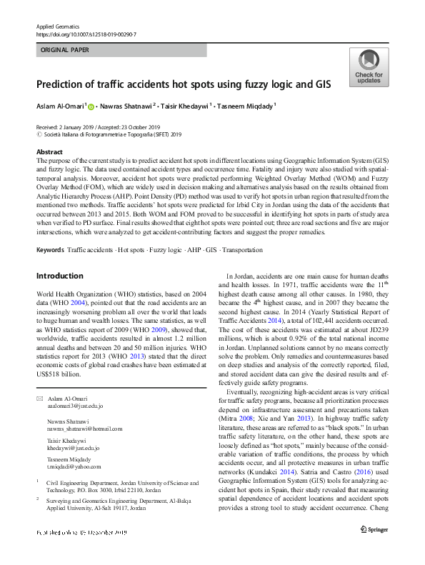 (PDF) Prediction of traffic accidents hot spots using fuzzy logic and GIS