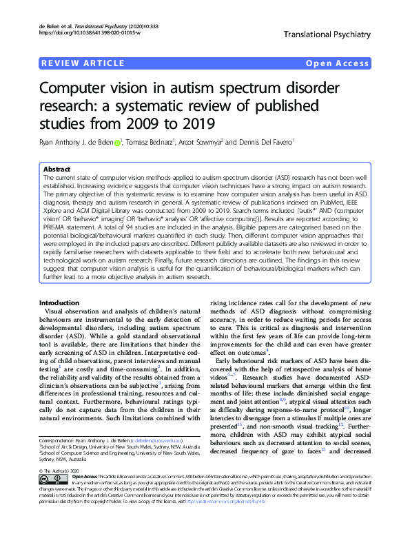 (PDF) Computer vision in autism spectrum disorder research: a ...
