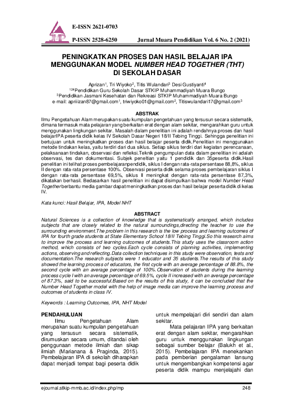 (PDF) Peningkatkan Proses Dan Hasil Belajar Ipa Menggunakan Model Number Head Together (THT) DI ...