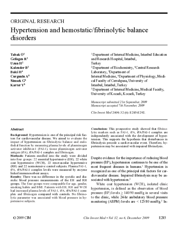 (PDF) Hypertension and hemostatic/fibrinolytic balance disorders