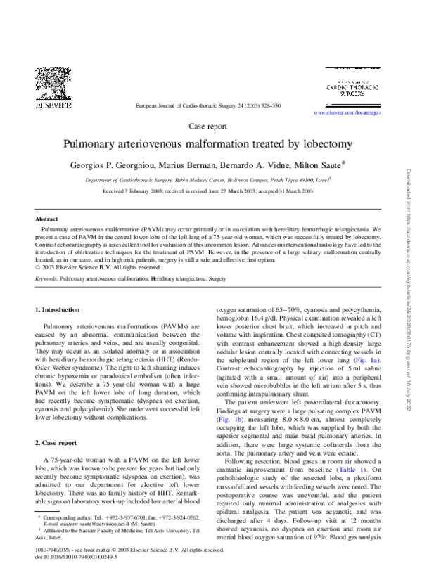 (PDF) Pulmonary Arteriovenous Malformation Treated by Lobectomy