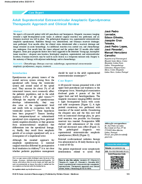 (PDF) Adult supratentorial extraventricular anaplastic ependymoma ...