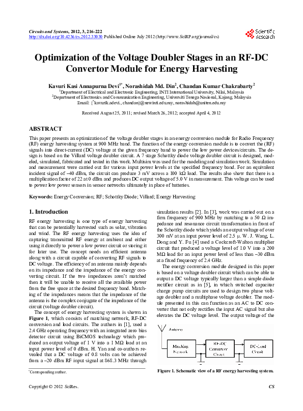 (PDF) Optimization of the Voltage Doubler Stages in an RF-DC Convertor Module for Energy Harvesting