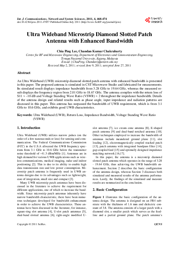 (PDF) Ultra Wideband Microstrip Diamond Slotted Patch Antenna with Enhanced Bandwidth | chandan ...