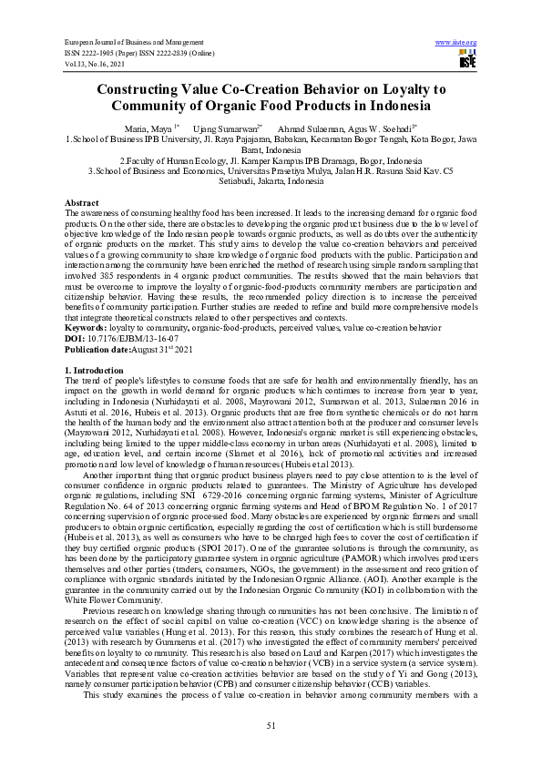 (PDF) Constructing Value Co-Creation Behavior on Loyalty to Community of Organic Food Products ...