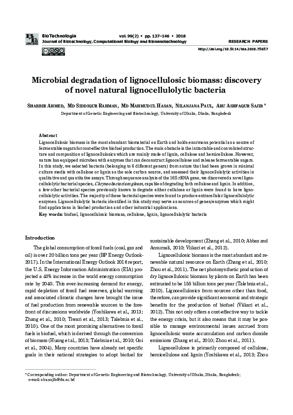 (PDF) Microbial degradation of lignocellulosic biomass for bioenergy production: A metagenomic ...