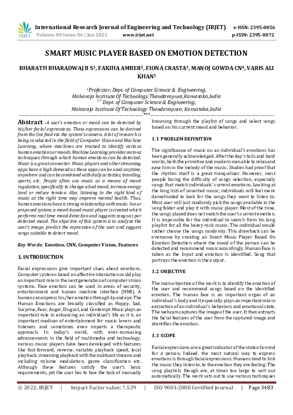 (PDF) SMART MUSIC PLAYER BASED ON EMOTION DETECTION