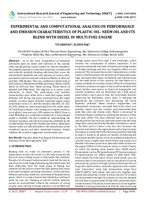 Pdf Experimental And Computational Analysis On Performance And