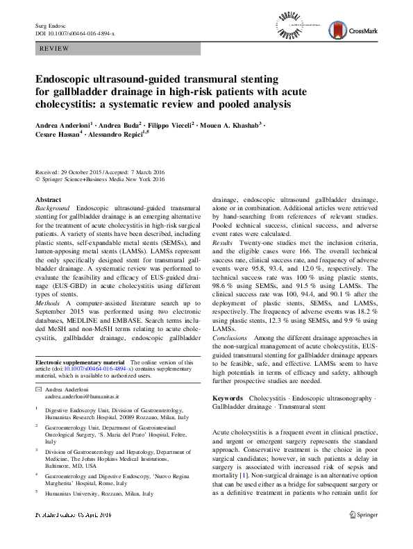 Endoscopic ultrasound-guided transmural stenting for gallbladder ...