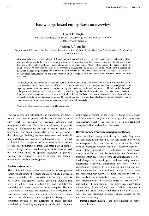 (PDF) Knowledge-based enterprises: an overview | Diane Schwikkard ...