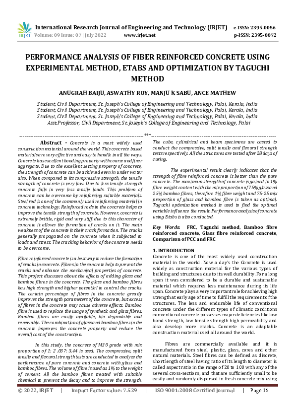 (PDF) PERFORMANCE ANALYSIS OF FIBER REINFORCED CONCRETE USING EXPERIMENTAL METHOD, ETABS AND ...