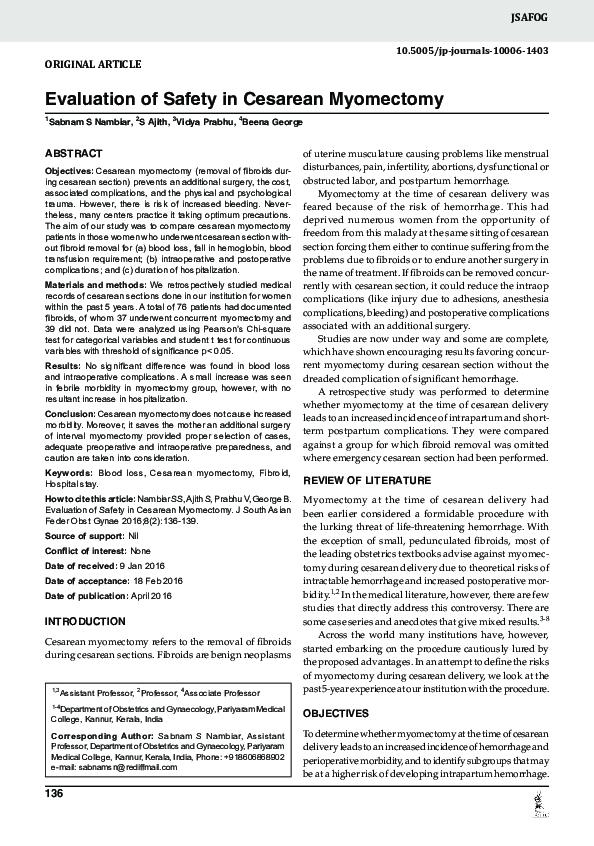 Pdf Evaluation Of Safety In Cesarean Myomectomy Sabnam Nambiar