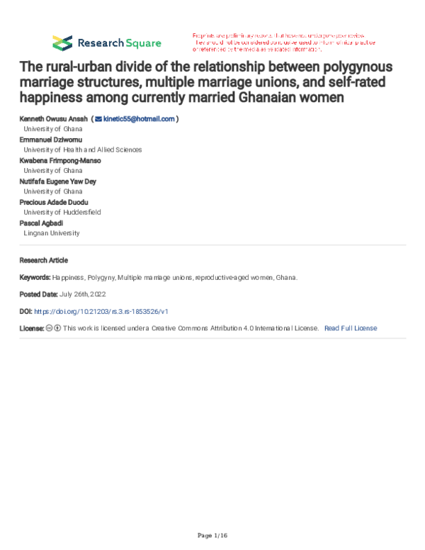 (PDF) The rural-urban divide of the relationship between polygynous ...