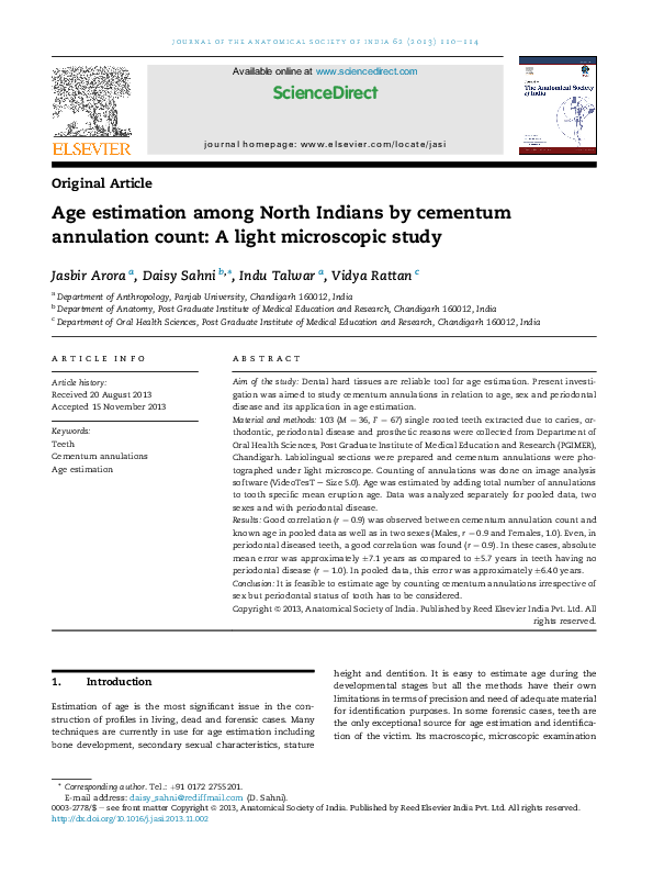 (PDF) Age estimation among North Indians by cementum annulation count: A light microscopic study
