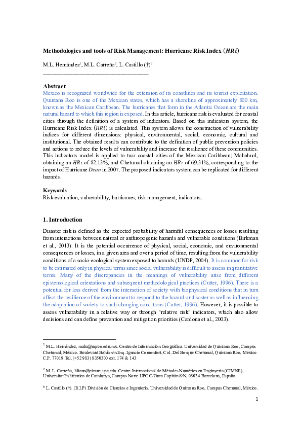 (PDF) Methodologies and tools of risk management: Hurricane risk index ...