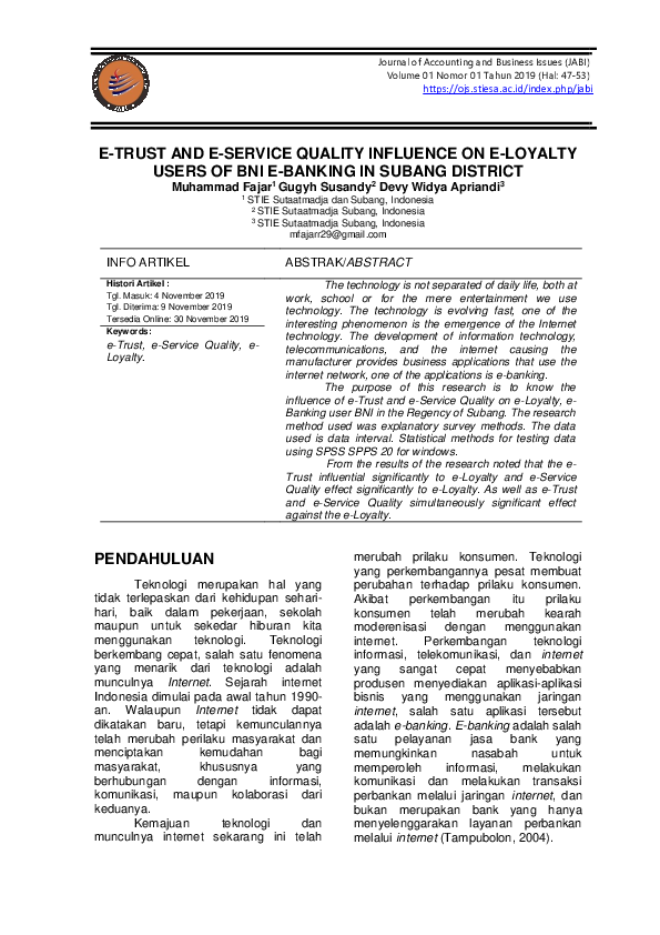 (PDF) E-Trust and E-Service Quality Influence on E-Loyalty Users of Bni E-Banking in Subang District