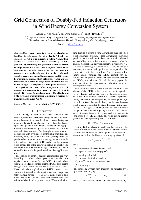 Pdf Grid Connection Of Doubly Fed Induction Generators In Wind Energy