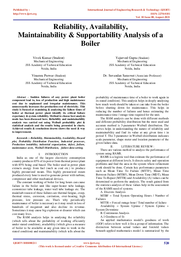 (PDF) Reliability, Availability, Maintainability & Supportability Analysis of a Boiler