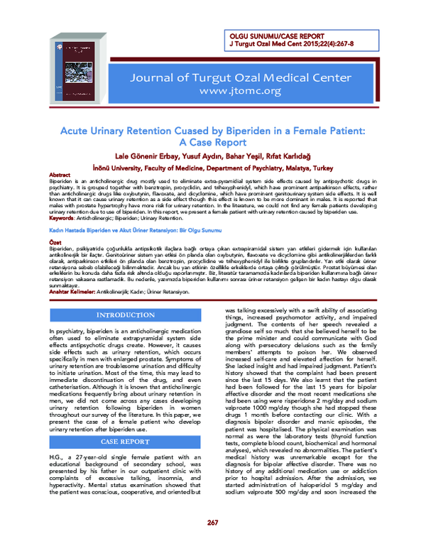 (PDF) Acute Urinary Retention Cuased by Biperiden in a Female Patient: A Case Report | Lale ...