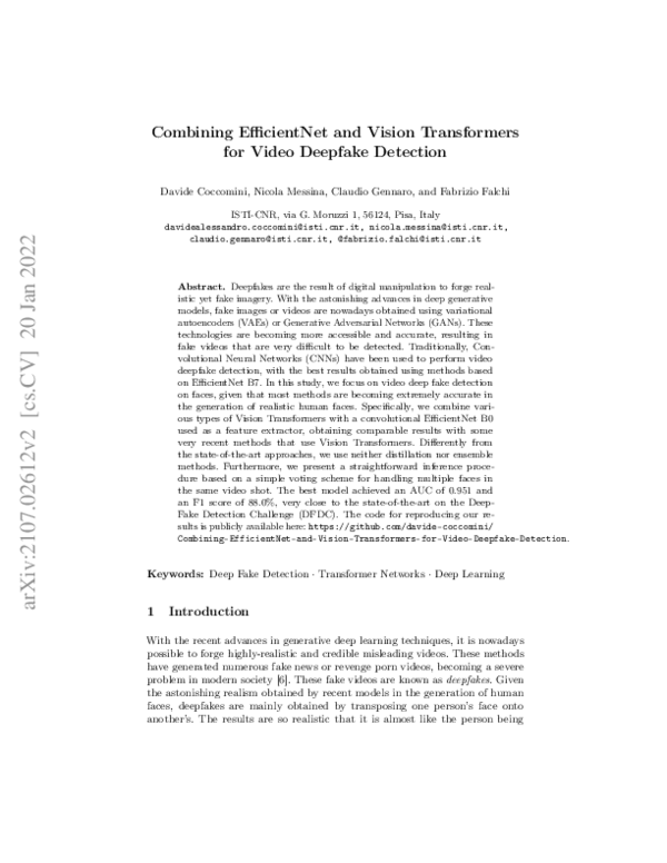 (PDF) Combining EfficientNet and Vision Transformers for Video Deepfake Detection