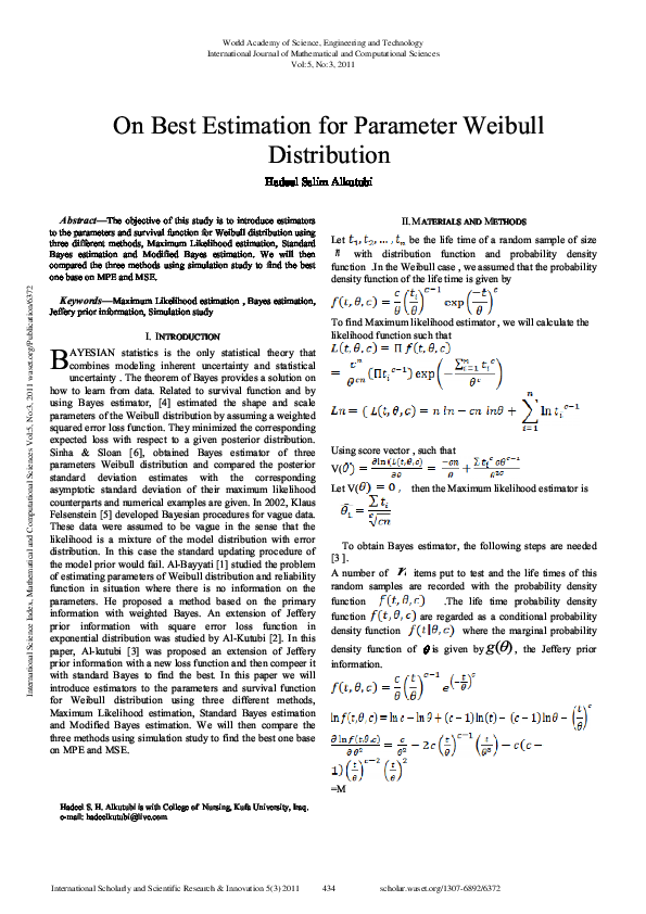 (PDF) On Best Estimation For Parameter Weibull Distribution