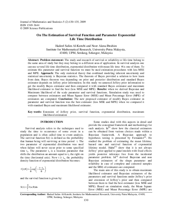 (PDF) On The Estimation of Survival Function and Parameter Exponential ... (PDF) On The Estimation of Survival Function and Parameter Exponential ...