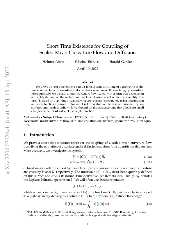 (PDF) Short Time Existence for Coupling of Scaled Mean Curvature Flow and Diffusion