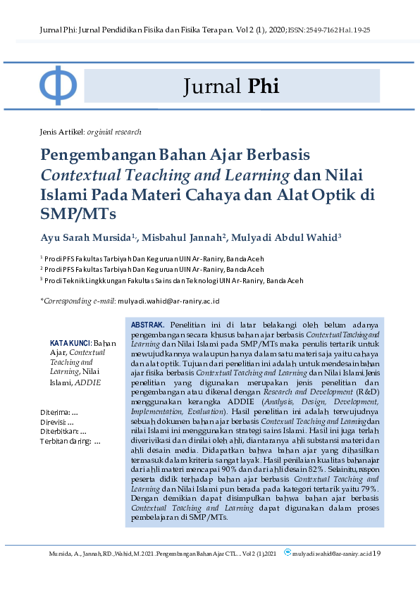 (PDF) Pengembangan Bahan Ajar Berbasis Contextual Teaching and Learning dan Nilai Islami Pada ...