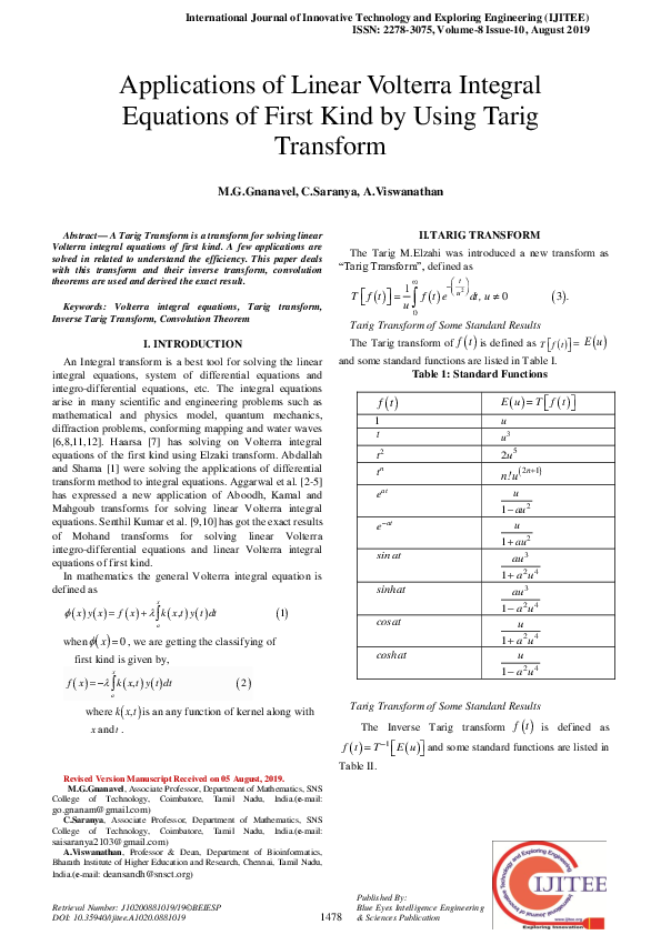 Pdf Applications Of Linear Volterra Integral Equations Of First Kind By Using Tarig Transform